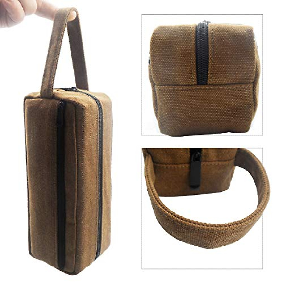 Enyuwlcm Heavy Canvas Stationery Large Pencil Bag with Handle Strap Durable Pencil Case with Two Compartments Zipper Pencil Holder 1 Pack Brown