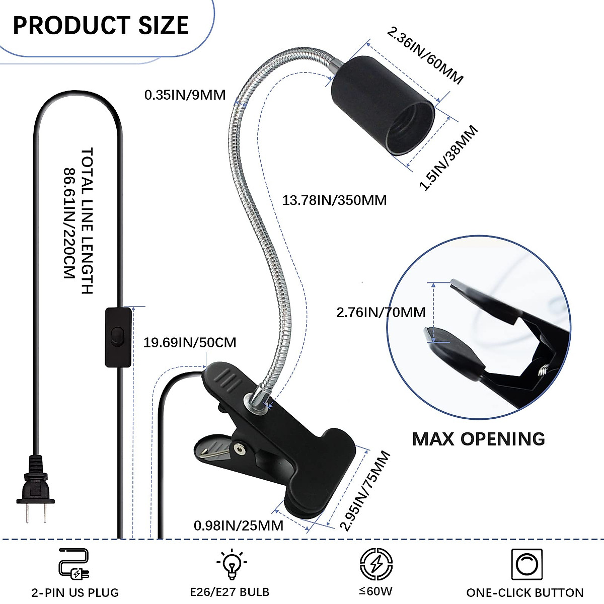 ZHGYNAWE Clip on Desk Lamp Holder,2Pcs 86.6In Wire Reading Light Stand Clamp Fixture E27 Bulb Socket Extender 360° Adjustable Gooseneck Night Lamps with Studio-Black