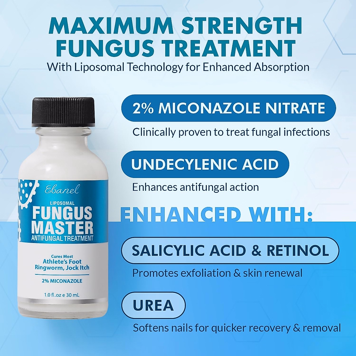 Ebanel Athlete's Foot Fungus Treatment Extra Strength, Antifungal Cream with Miconazole, Undecylenic Acid, Tea Tree Oil, Treats Skin Fungi Leading to Toenail Fungus, Promotes Healthy New Nail Growth