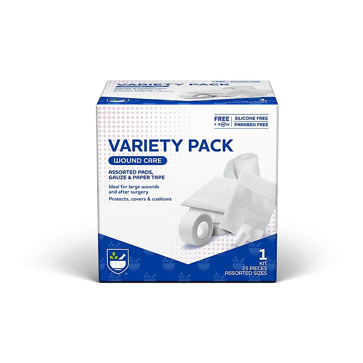 Rite Aid First Aid Gauze Pads, Variety Pack - Includes 25 Assorted Gauze Pads & Tape | Sterile Gauze Pads | First Aid Kit | Wound Care Supplies