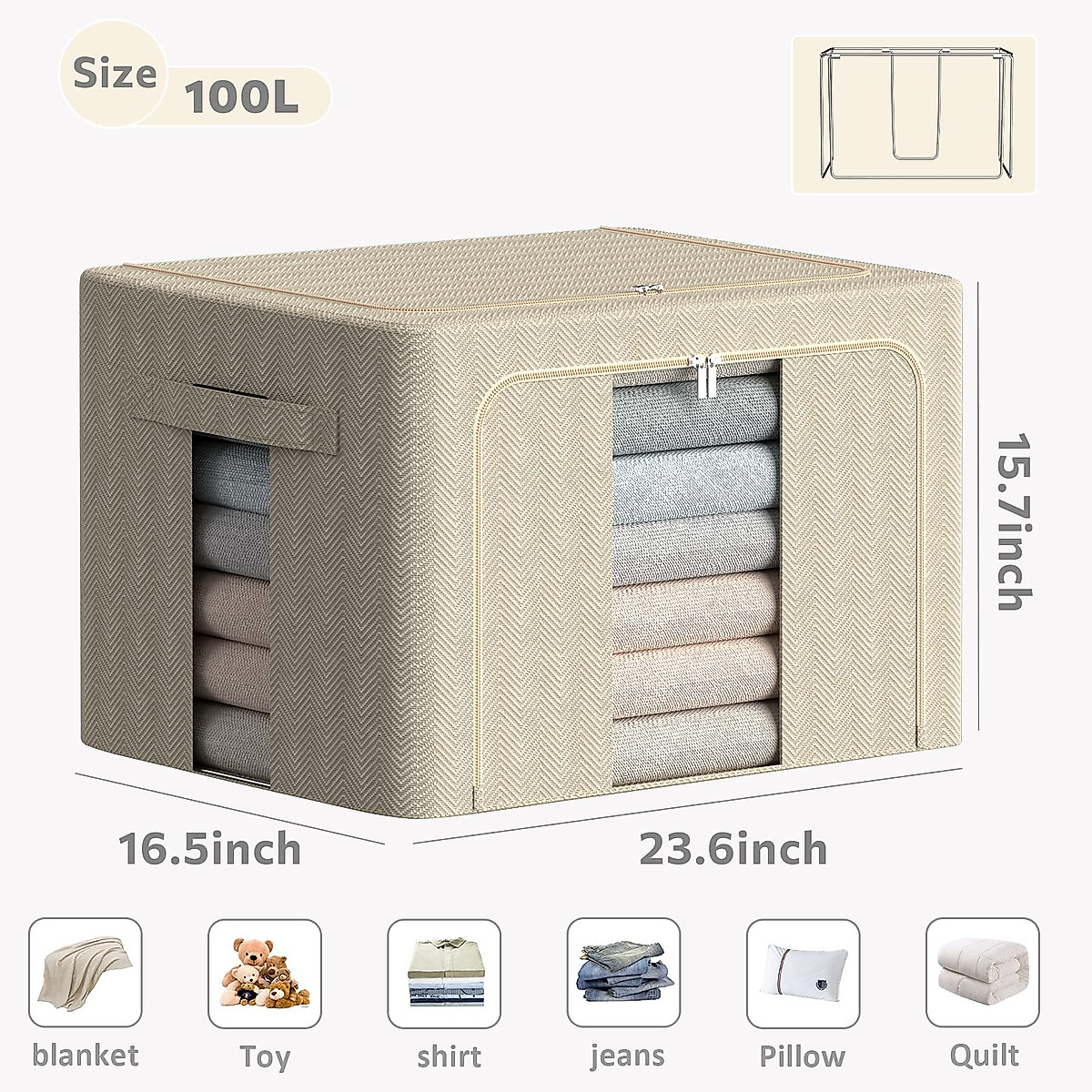 FHSQX Clothes Storage Organizer Bins- Stackable Storage Containers for Closet Foldable Storage Bins for Clothes with Clear Window & Carry Handles (Extra Large-100L(23.6x16.5x15.7inch), Beige)