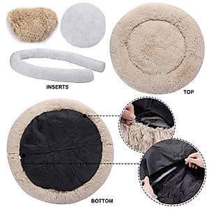 Donut Dog Bed Calming Ultra Soft Shag Faux Fur Dog Bed Comfortable Donut Cuddler for Dogs and Cats,Self Warming and Washable (30Inches, Beige)