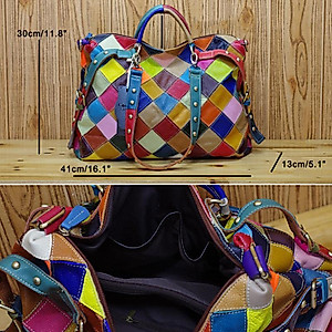 Women's Multicolor Tote Handbag Abstract Design Handbag Genuine Leather Hobo Shoulder Purse, Colors