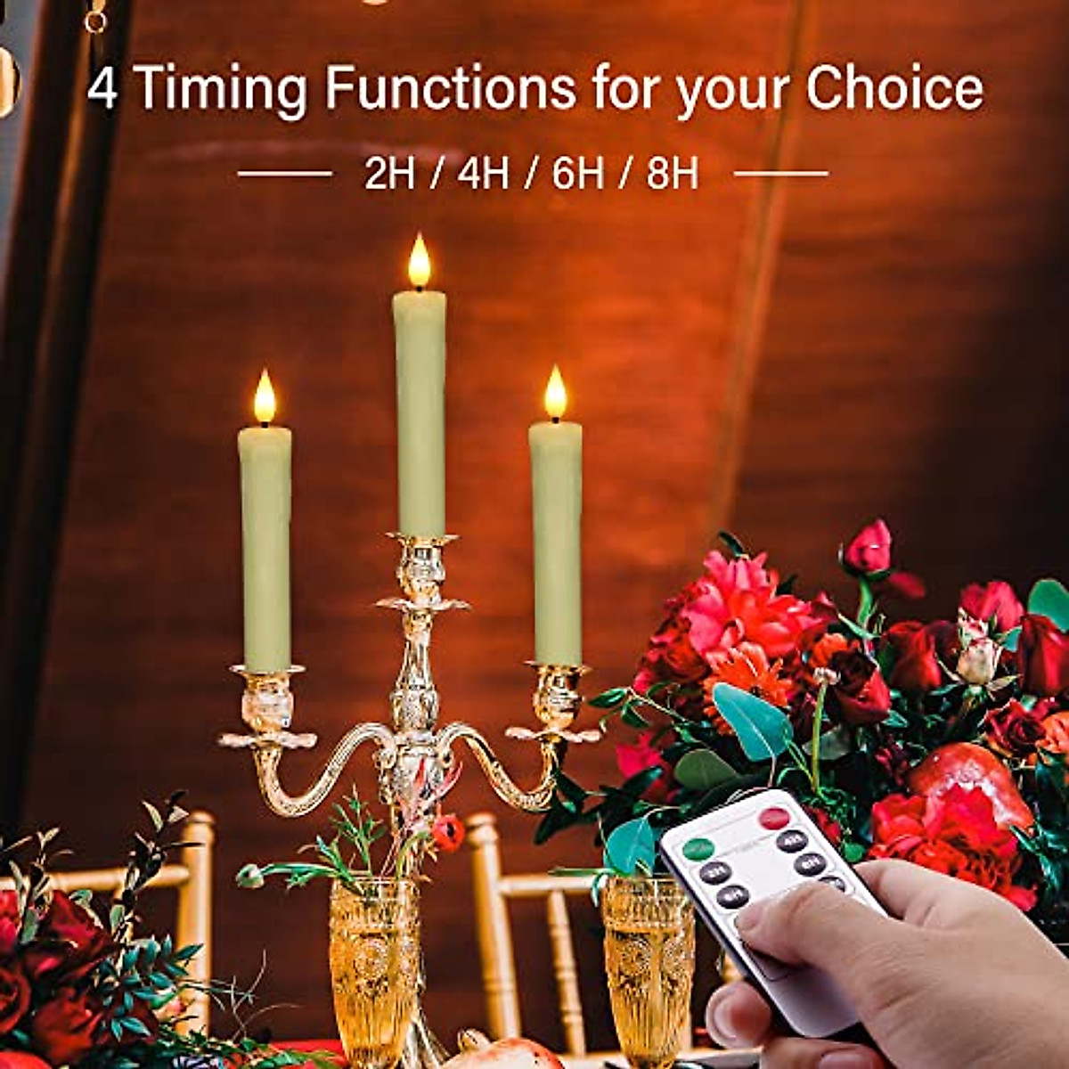 Yme 6pcs LED Taper Candles with Remote and Timer, Fake Window Candles with Real Wax Battery Operated Warm White Flickering/Steady Light 2/4/6/8H Timer, for Halloween Wedding Decorations