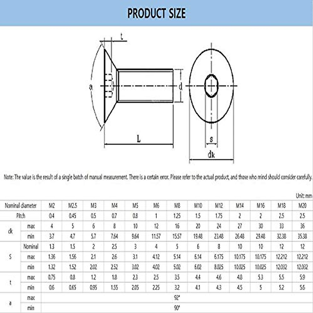 L-A M6-1.0x20mm 10.9 Carbon Steel Countersunk Head Hex Socket Screw Flat Countersunk Hex Socket Bolts Screws （25 Pcs）