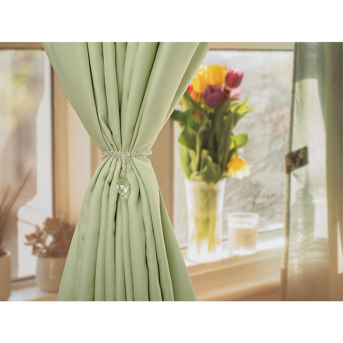 SUQ I OME 1 Pair of Luxury Crystal Beaded Magnetic Curtain Tieback and Holdback Curtain Clips Curtain Buckle Curtain Holder Blingbling Curtain Holdbacks for Drapes,Crystal