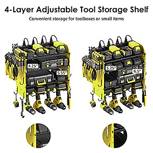 CCCEI Modular 4 Layer Movable Power Tool Organizer with Charging Station. Wall Mount 4 Drill, Tool Battery Holder, Garage Heavy Duty Shelf Rack with Power Strip, Hooks, Screwdriver, Drill Bit Storage