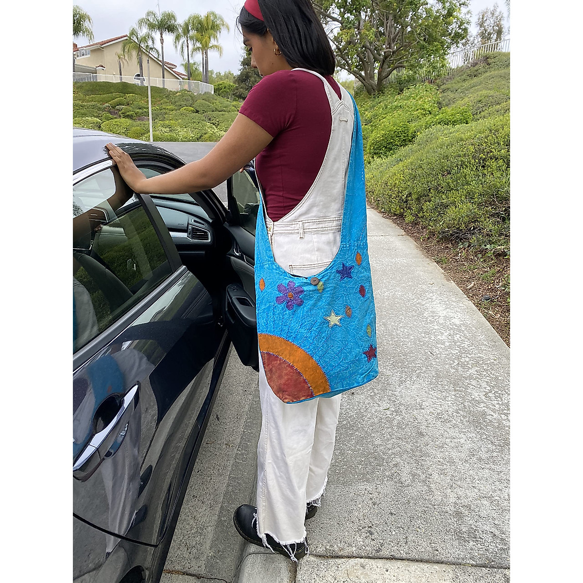 Elements of Nature Bohemian Hand-Stitched Hippie Hippy Shoulder Crossbody Monk Handbag in Blue Large