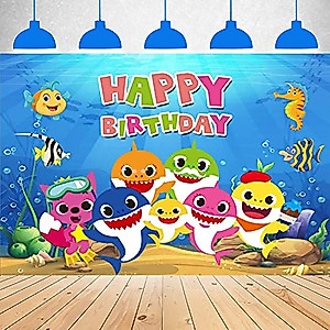 GRATULON Babe Shark Party Supplies for Birthday Decorations, Gratulon Vinyl Light-Weight Babe Shark Backdrop for Baby Shower and Kids’ Bedroom Wall Sticker Décor Blue 5x3 ft