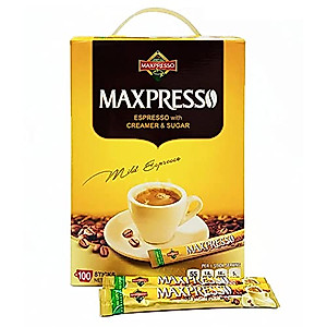 Maxpresso 3 in 1 Korean Instant Coffee Mix - Single Serve Sticks 100 Packets with Creamer and Sugar Premium Hot or Iced Coffee Blend Rich Flavor