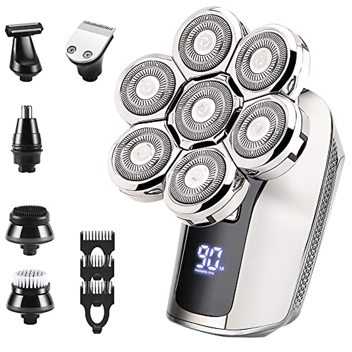 Electric Head Shavers for Bald Men: 6 in 1 Rechargeable Beard Nose Hair Trimmer with Clipper Guards Mens Shaving Grooming Kit Cordless Rotary Face Shavers Waterproof Men's Bald Head Razor Wet and Dry