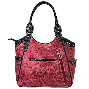 Justin West Turquoise Stone Concho Feathers Western Tooled Studs Concealed Carry Handbag Purse (Red Tote Only)