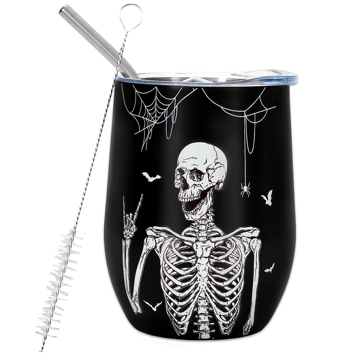 Whaline Halloween Stainless Steel Wine Tumbler with Straw and Lid Black White Skull Bat Coffee Mug Skeleton Insulated Wine Tumbler for Hot and Cold Drinks Gift