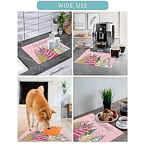 Coffee Mat for Counter,Pink Christmas Tree Winter Forest Trees Snowflake Absorbent Hide Stain Coffee Bar Mat,Non-slip Coffee Bar Accessories Kitchen Drying Mat Fit Under Coffee Maker Espresso Machine