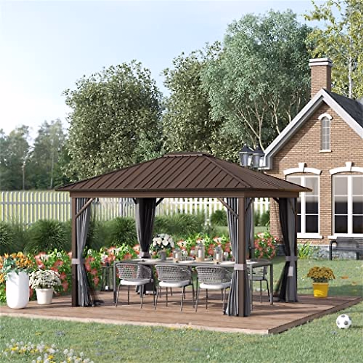 UXZDX 10' X 12' Outdoor Hardtop Gazebo with Aluminum Frame, Metal Roof Gazebo Canopy with Curtains and Netting