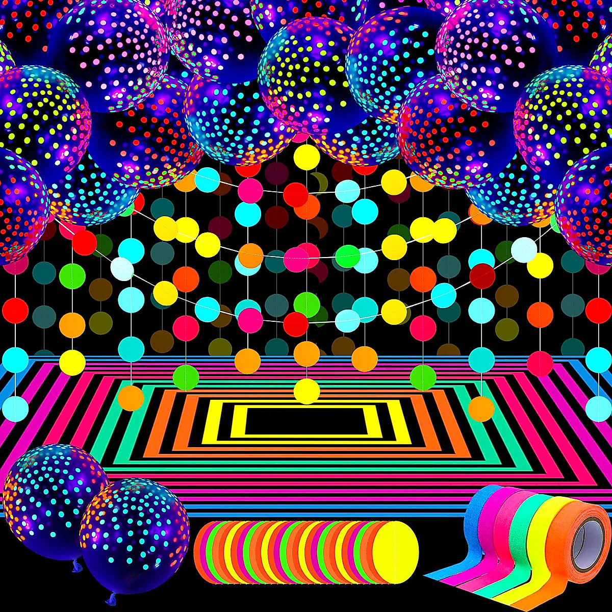 Glow In The Dark Party Supplies Glow Party Neon Party Supply Set, 98.4ft 6Rolls Blacklight Luminous Tape 14.4ft Neon Streamers Garland 25Pcs Fluorescent Neon Balloon Decor(Clear,Dot)