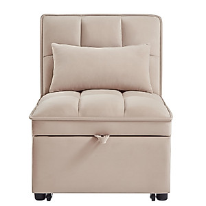 Ball & Cast 4 in 1 Convertible Sleeper Chair, Velvet Single Sofa Bed with Side Pockets,Pull Out Couch with Adjustable Backrest and Pillow, Multi-Function Chaise Lounge for Livingroom,Taupe