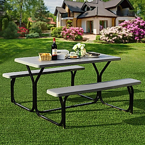 Giantex Picnic Table Bench Set Outdoor Camping All Weather Metal Base Wood-Like Texture Backyard Poolside Dining Party Garden Patio Lawn Deck Furniture Large Camping Picnic Tables for Adult (Gray)