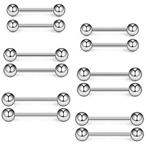 Ruifan 12PCS 14G Surgical Steel Shiny Ball Nipple Tongue Shield Ring Barbell Body Piercing Jewelry Retainer 12mm 14mm 16mm - Silver