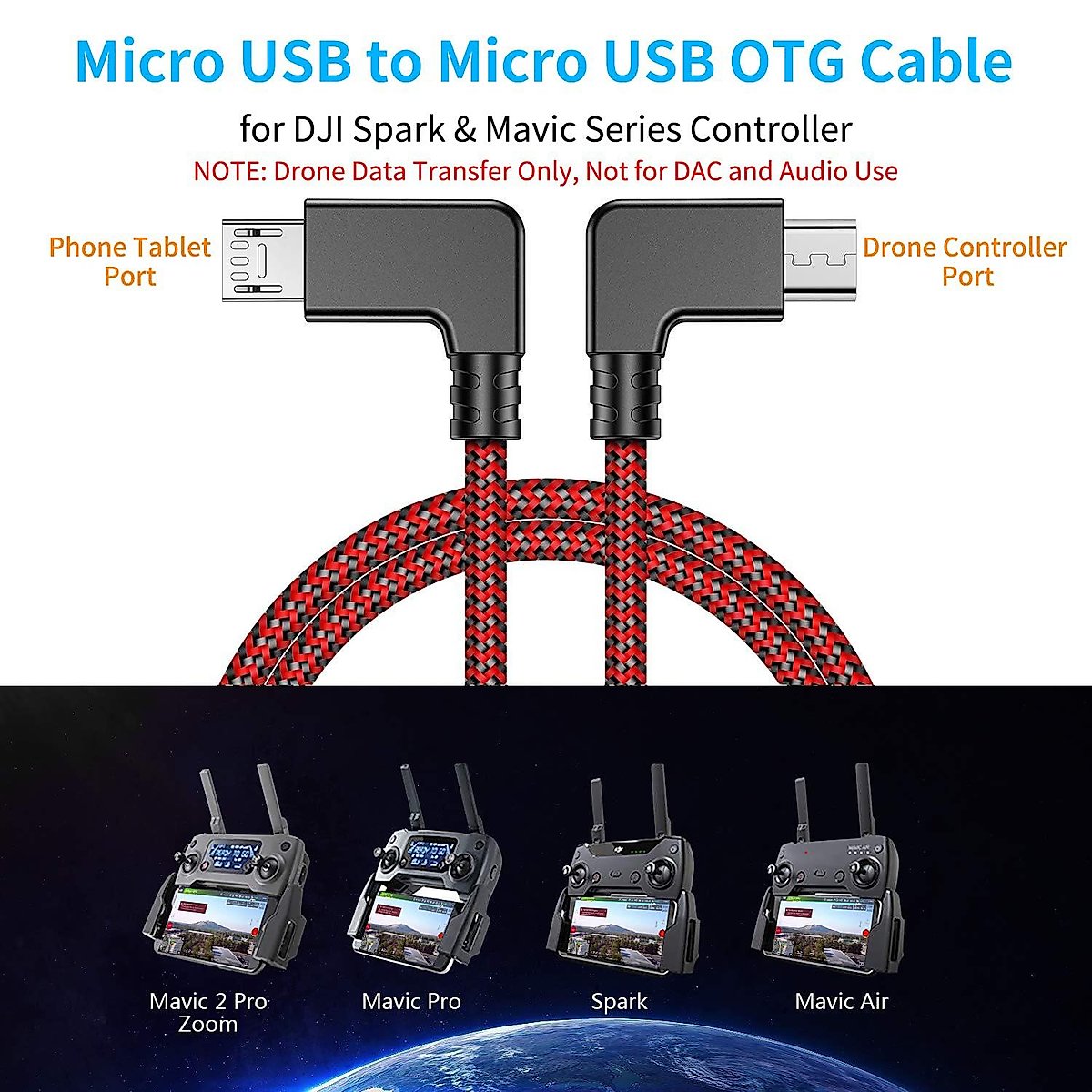 1FT 90 Degree Micro USB to Micro USB Android Phone Tablet OTG Data Cable Right Angle Connector Wire Cord for DJI Spark, Mavic Pro, Platinum, Air, 2 Pro, Zoom Remote Controller Accessories (1 Pack)