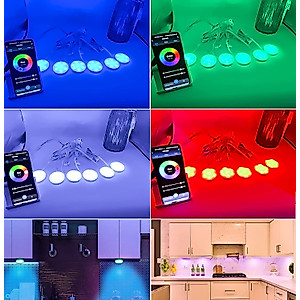 Round RGB Multicolor Dimmable LED Cabinet Lighting Counter Showcase Kitchen Lighting Fixture Compatible with Alexa, Echo, Google Home (no hub Required) with Remote Controlntrol (6 Lights Kit)