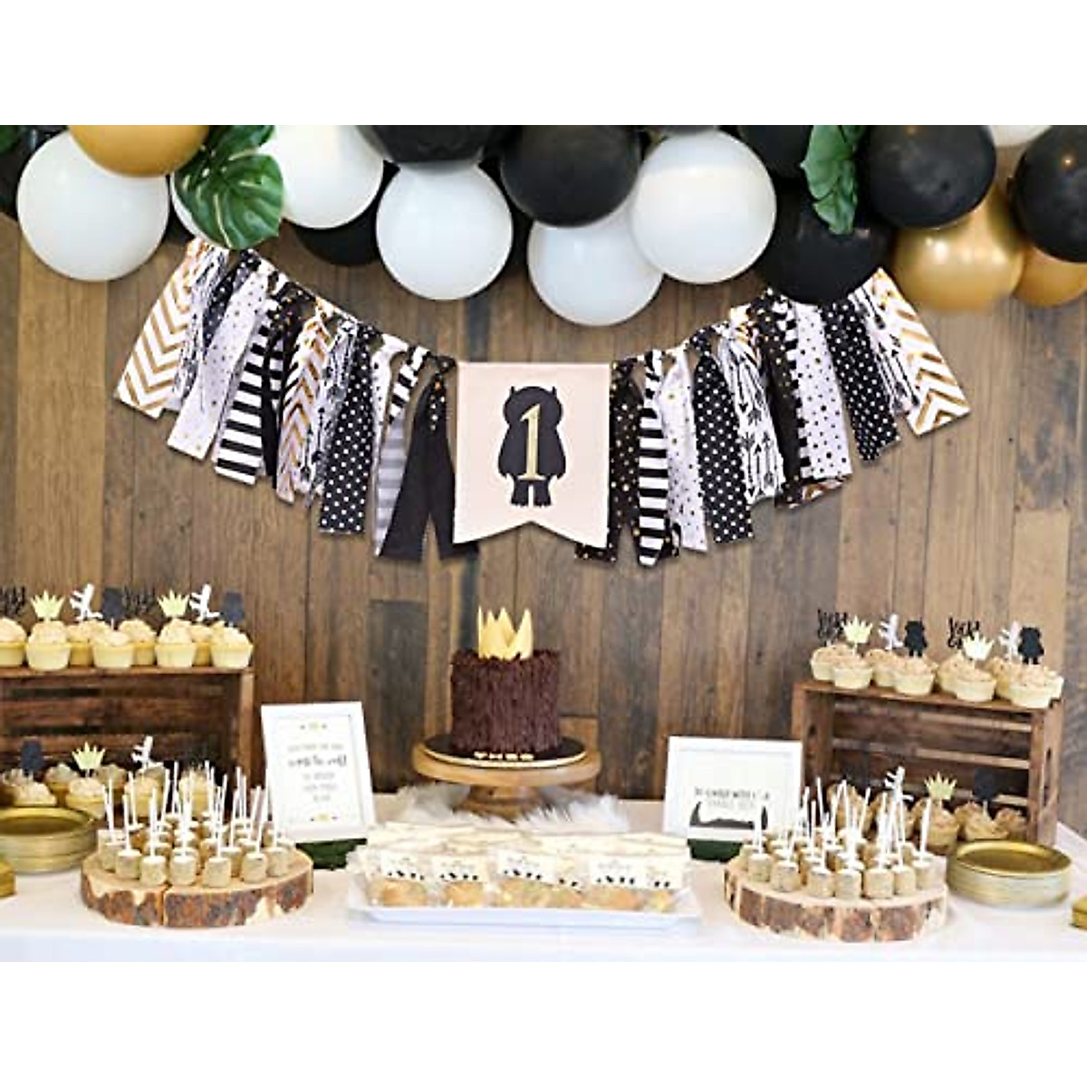 WAHAWU Wild One Banner for 1st Birthday - Where Wild Things Are Party Supplies , Black and Gold , Baby Boy's Shower Decorations , Photo Decoration Props , Wild One Birthday Decorations for Boys (High Chair Banner for 1st)