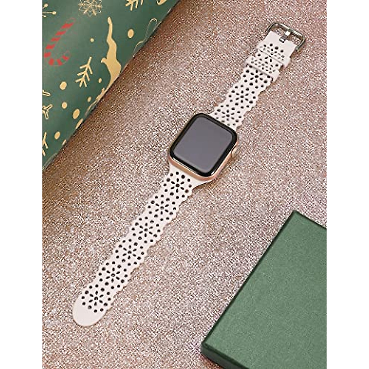 TOYOUTHS Compatible with Apple Watch Band Lace Women Flower Cut-outs Stretchy Silicone Breathable Waterproof Strap for iWatch Series 9/8/7(41mm), Series SE/6/5/4(40mm), Series 3/2/1(38mm), Starlight