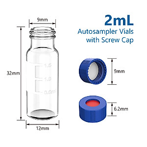 2mL Autosampler Vials with Caps, HPLC Vials, 9-425 Clear Glass Vial with Blue Screw Caps/Writing Patch/Graduation, White PTFE & Red Silicone-1000 Pcs