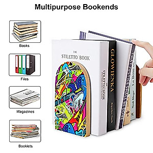 Music Theme Book Ends 2 Piece Universal Heavy Duty Bookends Non-Skid Wood Books Stopper Desktop Organizer Office School Library Home Bookshelves Decor for Men Women Magazines CDs 6.7"x4.7"