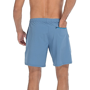 LRD Mens Athletic Workout Shorts with Compression Liner 7 inch Inseam Blue/Pink Surfer Dino - M