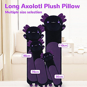 Yeqivo Long Axolotl Stuffed Animals, Soft Long Axolotl Plush Pillow Cute Axolotl Plush Body Pillow Gifts for Kids Girlfriend(Black&Purple,110cm)
