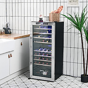 COSTWAY 20-Inch Wine Cooler Refrigerator, Dual Zone Wine Fridge with 8 Wooden Shelves for 43 Bottles of Wine, Freestanding Wine & Beverage Refrigerator for Home Office Bar