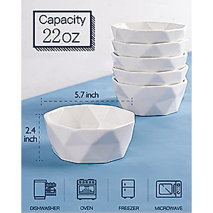 DELLING 22 Oz Geometric Cereal Bowls, White Soup Bowls Dessert/Snack Bowls Set for Rice Pasta Salad Oatmeal, Microwave/Dishwasher/Oven Safe Set of 6
