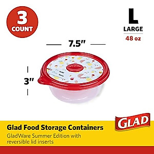 Glad Food Storage Containers, GladWare Summer Edition with Reversible Lid Inserts – 3 Ct Large Round Containers & Lids, 48oz Microwave-Safe, Freezer-Safe, Dishwasher Safe