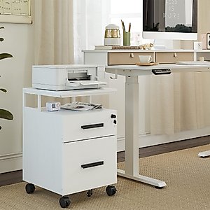 FEZIBO 2-Drawer File Cabinet with Lock for Home Office, Rolling Filing Cabinet, Under Desk Home Office File Cabinet for A4, Letter Size, Printer Stand, Wooden Storage Mobile File Cabinet, White