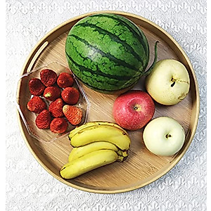 Bamboo Wood Natural Round Serving Tray, Raised Edge, Food Tray, Cut-Out Handles (40*40*5cm)
