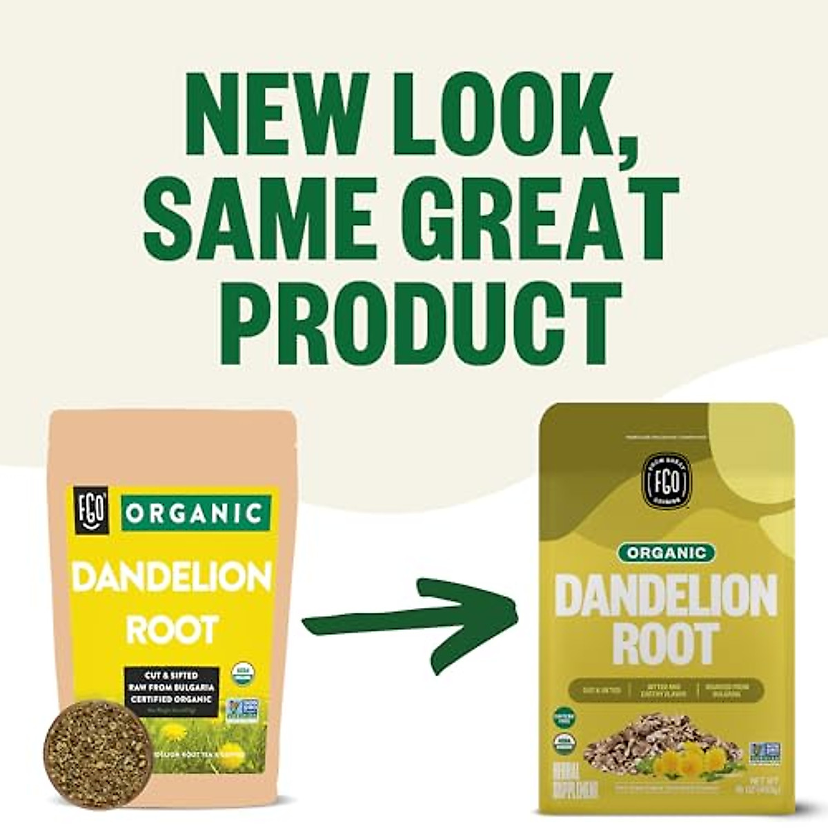 FGO Organic Dandelion Root Loose Tea, Resealable Kraft Bag, 16oz, Packaging May Vary (Pack of 1)