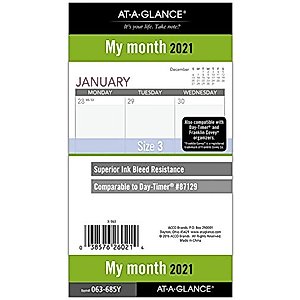 2021 Monthly Planner Refill by AT-A-GLANCE, 87129 DAY-TIMER, 3-3/4" x 6-3/4", Size 3 (063-685Y)