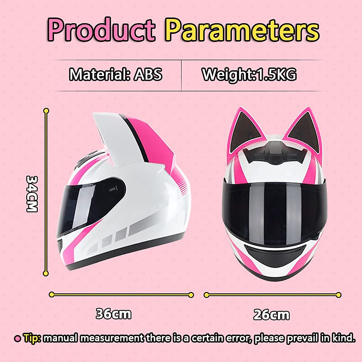 Beautiful Girl Bluetooth Cat Ear Motorcycle Full Face Helmet, Flip up Modular Offroad Motorbike Helmet DOT Approved Built-in Mp3 Integrated for Adults Men Women ATV Bike Racing Helmet-A-Small