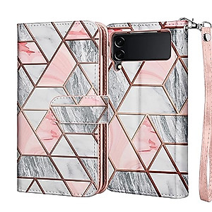 NJJEX Galaxy Z Flip 4 5G Case, for Samsung Galaxy Z Flip 4 5G Wallet Case, [9 Card Slots] PU Leather ID Credit Holder Folio Flip [Detachable] Kickstand Magnetic Phone Cover & Lanyard [Marble Pink]