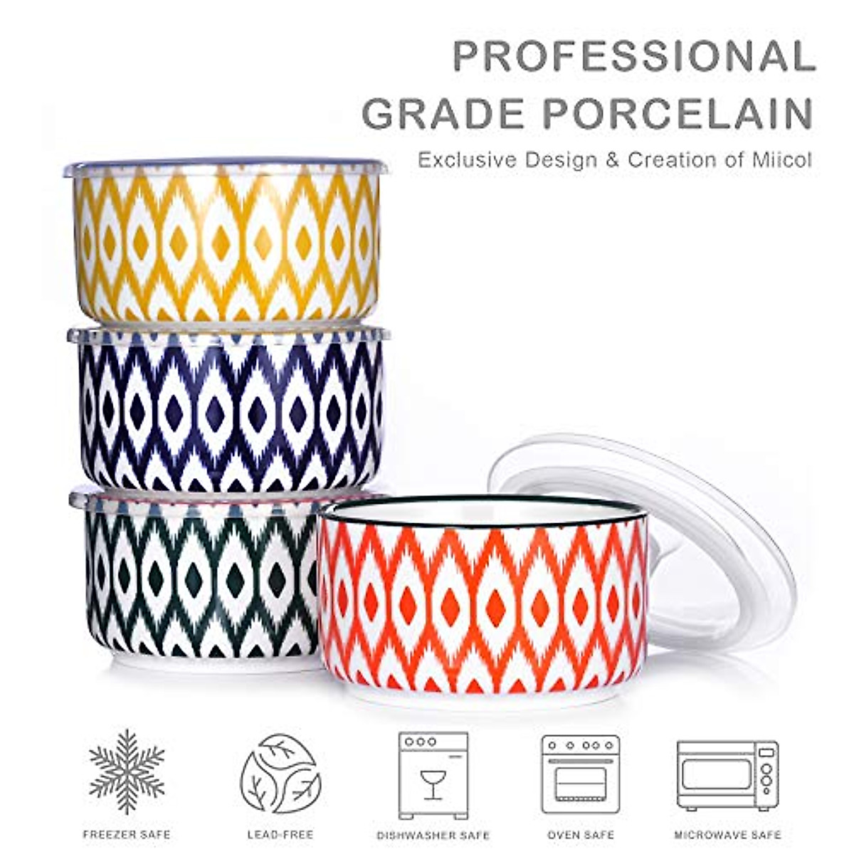 Miicol Ceramic Bowls Set with Lids, Porcelain Food Storage Containers, Porcelain Prep Bowls for Kitchen, Microwave & Dishwasher Safe, Assorted Patterns, 23 Ounces, Set of 4