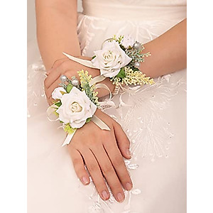 Kercisbeauty White Rose Flower Corsage Wristlet Pearl Bracelet for Wedding Bridesmaid and Flower Girls Handmade Ribbon Wrist Chain (White)
