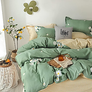 NTjinli Green Duvet Cover Queen Size-Chrysanthemum Queen Duvet Cover Set,100% Washed Microfiber Queen Comforter Set,1 Flower Duvet Cover 90x90 Inches with Zipper Closure and 2 Pillow Shams (King)