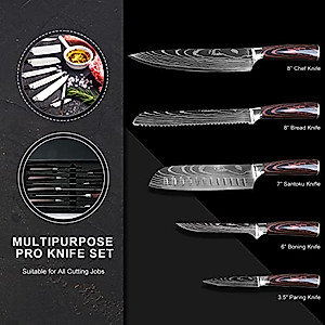 Knives Set for Kitchen, Gustrug 5PCS High Carbon Stainless Steel Kitchen Knife Set with Ergonomic Wooden Handle for Professional Multipurpose Cooking