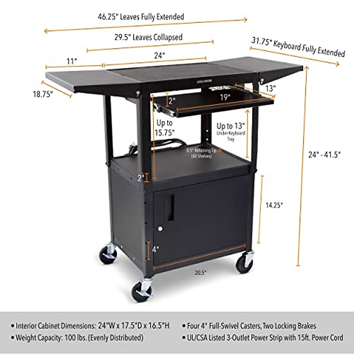 Line Leader AV Cart with Locking Cabinet and Drop Leaves | Height Adjustable Utility Cart with Extra Storage | Power Strip and Cord Management | Great for Presentations (Black / 46 x 18)