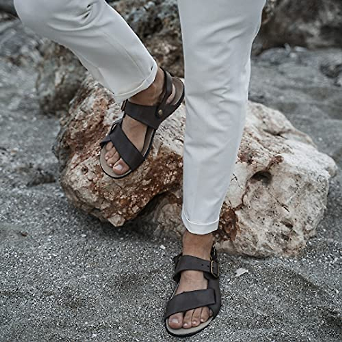 Harssidanzar Mens Leather Sandals Adjustable Ankle Strap sandals GM205,Brown,Size 9