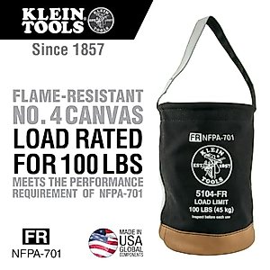 Klein Tools 5104FR Canvas Bucket, Flame-Resistant Tool Bucket Made of No. 4 Canvas, with Double-Reinforced Bottom, 100-Pound Load Rated