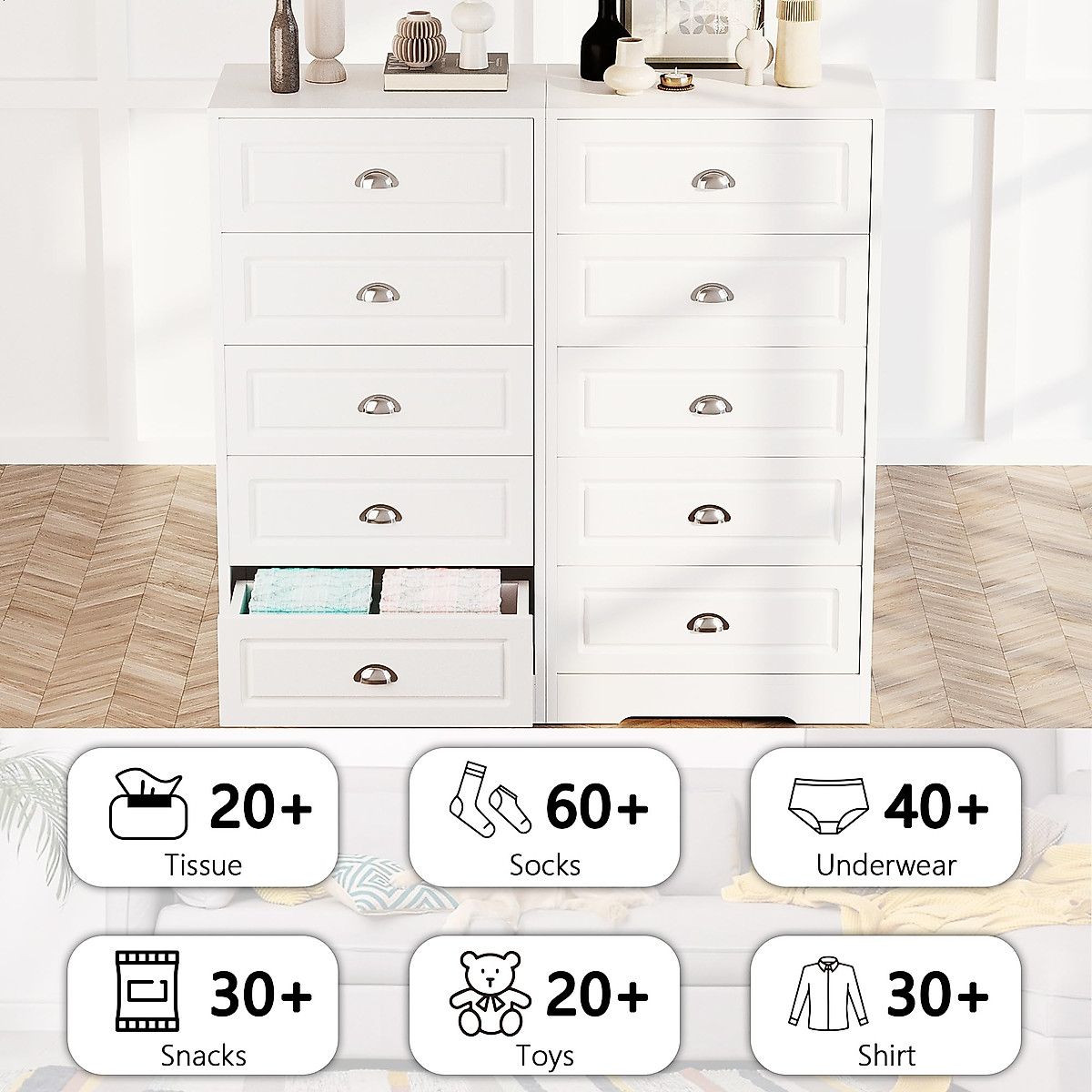 Meilocar Dresser with 5 Drawers, Wood Chest of Drawers, 47in Vertical White Dresser Storage Tower, 5 Drawer Dresser for Living Room, Bedroom, Hallway (White)