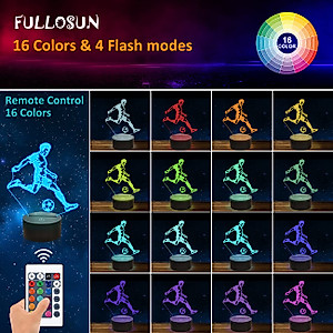 FULLOSUN Soccer Night Light, 3D Optical Illusion Lamp for Soccer Fan, Idea Birthday Xmas Gifts for Sport Fan Boys Girls with Remote Control 16 Color Change + Dim Function + 4 Flash Mode