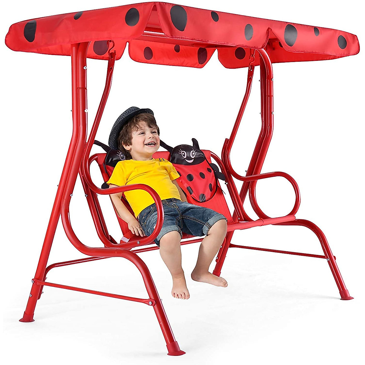 HONEY JOY Kids Patio Swing, 2-Seater Outdoor Porch Swing Lounge Chair W/Canopy & Safety Belt, All Weather Resistant Waterproof Hanging Swing Bench for Patio Garden Poolside Balcony(Red Beetle)